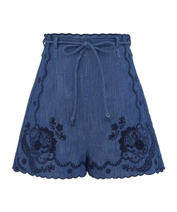Zimmermann Aster Embroidered Denim Short - Blue