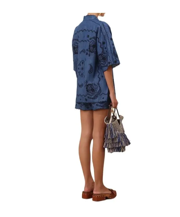 Zimmermann Aster Embroidered Denim Shorts - Blue