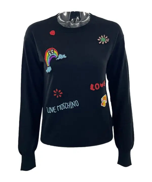 Moschino Beaded Rainbow And Floral Appliqué Round Neck Sweater