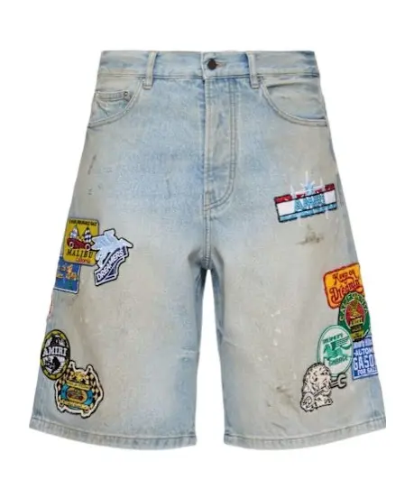 Amiri Patchwork Distressed Denim Shorts - Gray