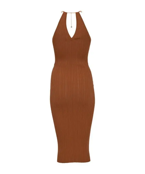 Elisabetta Franchi Sleeveless V-neck Knit Dress With Gold Necklace Detail - Brown