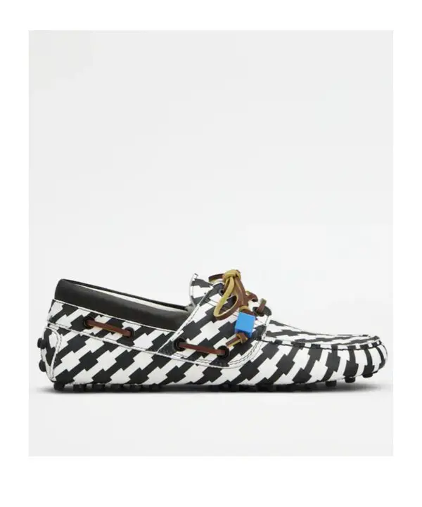 TOD'S Geometric Print Boat Gommino Loafers - White, Black