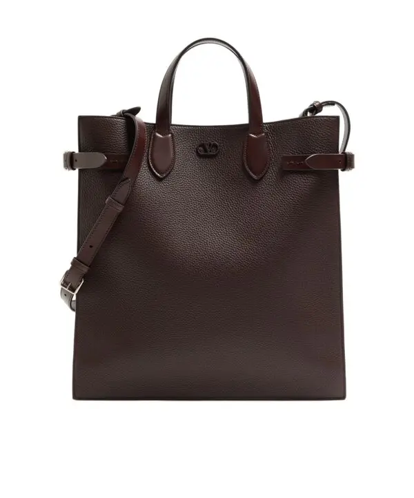 Valentino Garavani Antibes Medium Tote Bag In Grained Leather - Dark Brown/oak Brown