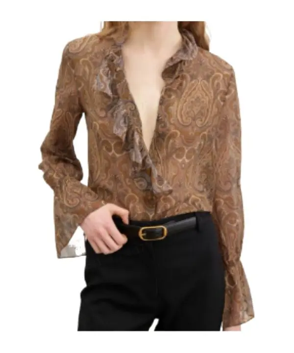 NILI LOTAN Printed Paisley Long Sleeve Ruffle Shirt