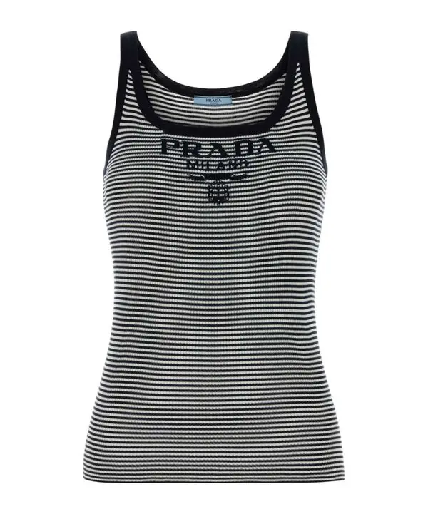 Prada Logo Embroidered Striped Knit Tank Top - Black