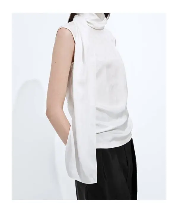 Bottega Veneta Sleeveless Stretch Satin Top With Scarf Detail - White
