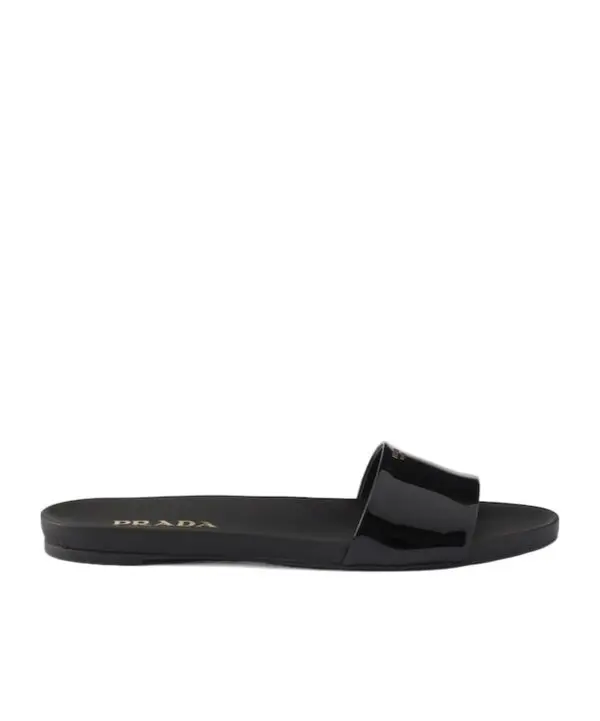 Prada Glossy Patent Leather Slip-on Sandals With Rubber Sole