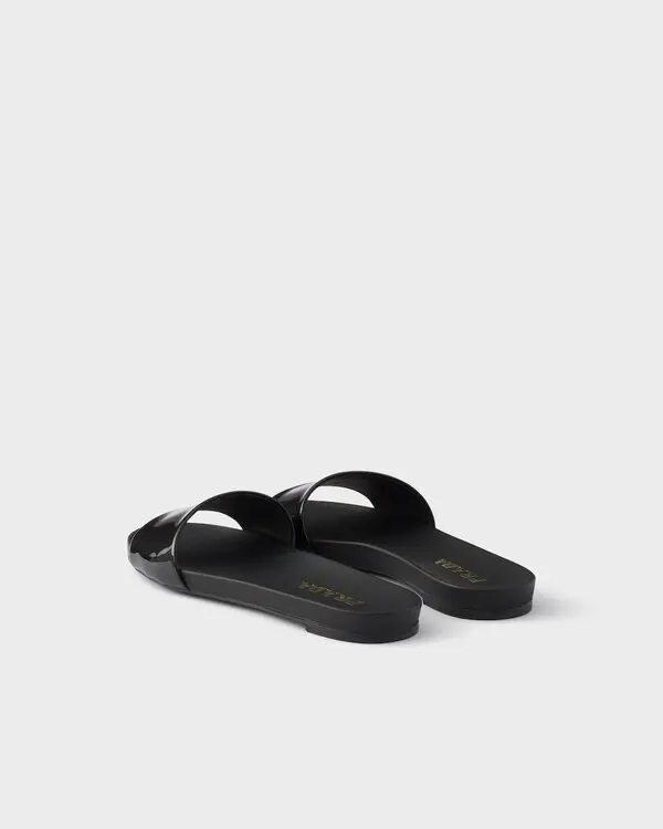 Prada Glossy Patent Leather Slip-on Sandals With Rubber Sole