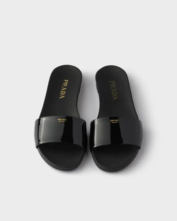 Prada Glossy Patent Leather Slip-on Sandals With Rubber Sole