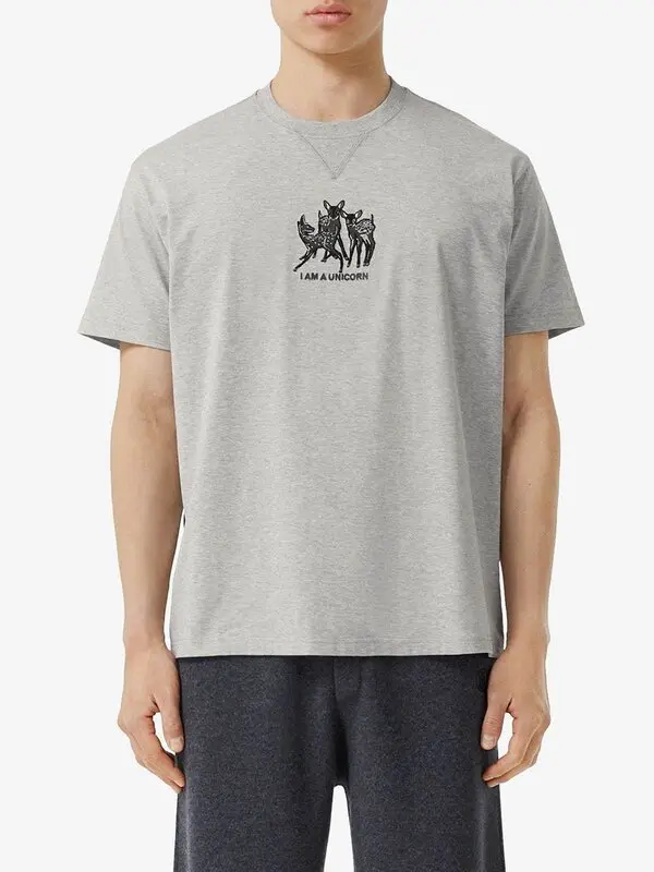Burberry Deer-embroidered Cotton T-shirt - Gray