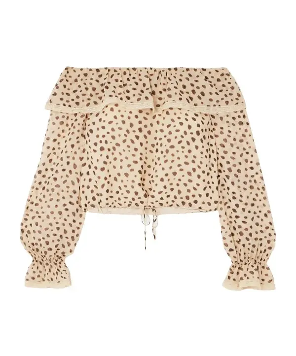 Posse Priscilla Off-shoulder Leopard Print Silk Georgette Shirt With Lace Trim - Nude