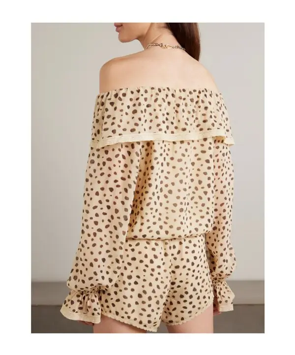Posse Priscilla Off-shoulder Leopard Print Silk Georgette Shirt With Lace Trim - Nude