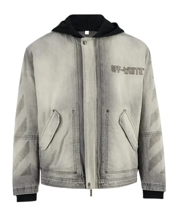 Off-White Hooded Denim Jacket With Fleece Detail - Gray