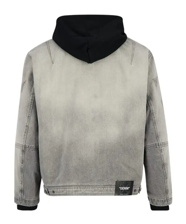 Off-White Hooded Denim Jacket With Fleece Detail - Gray