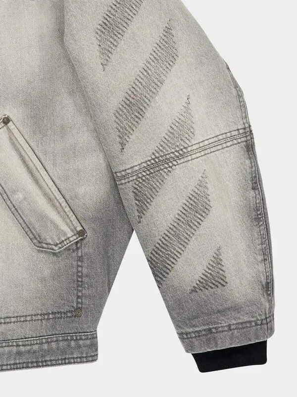 Off-White Hooded Denim Jacket With Fleece Detail - Gray