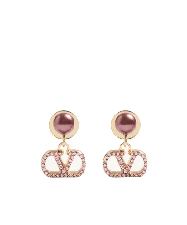 Valentino Garavani Vlogo Signature Earrings In Metal, Pearl And Swarovski Crystals - Gold/pink