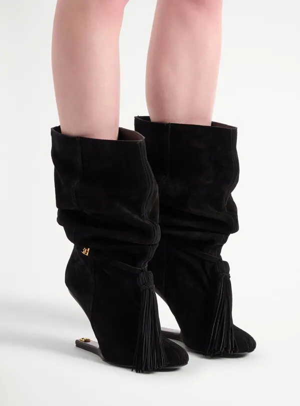 Balmain Round Toe Wedge Ankle Boots With Tassel Detail