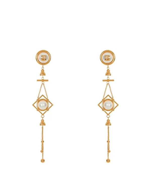 Balmain Plated Chain Drop Earrings With Pearl Beads - Gold