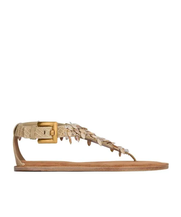 Balmain Suede And Cotton Flat Sandals With Bead Embellishments - Nude