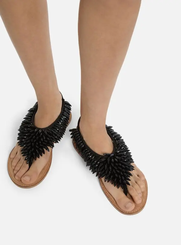Balmain Embellished Suede Flat Sandals - Black