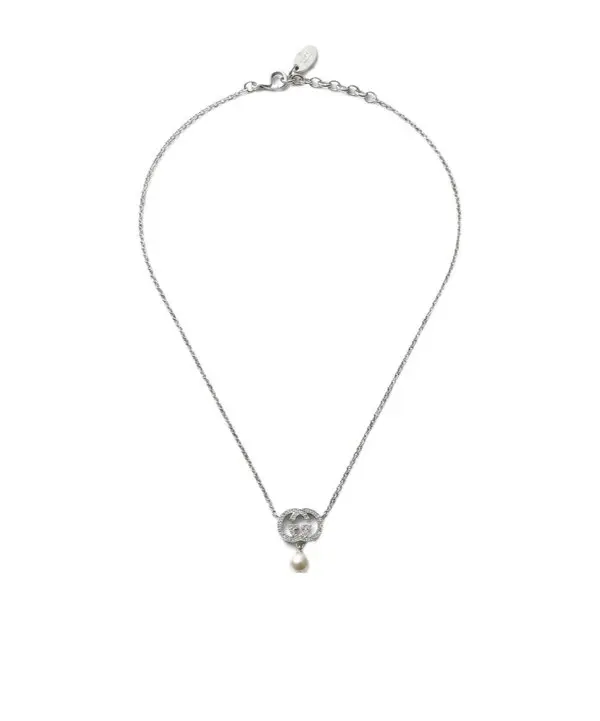 Gucci Embellished Necklace With Interlocking G And Pearl - Palladium Gold