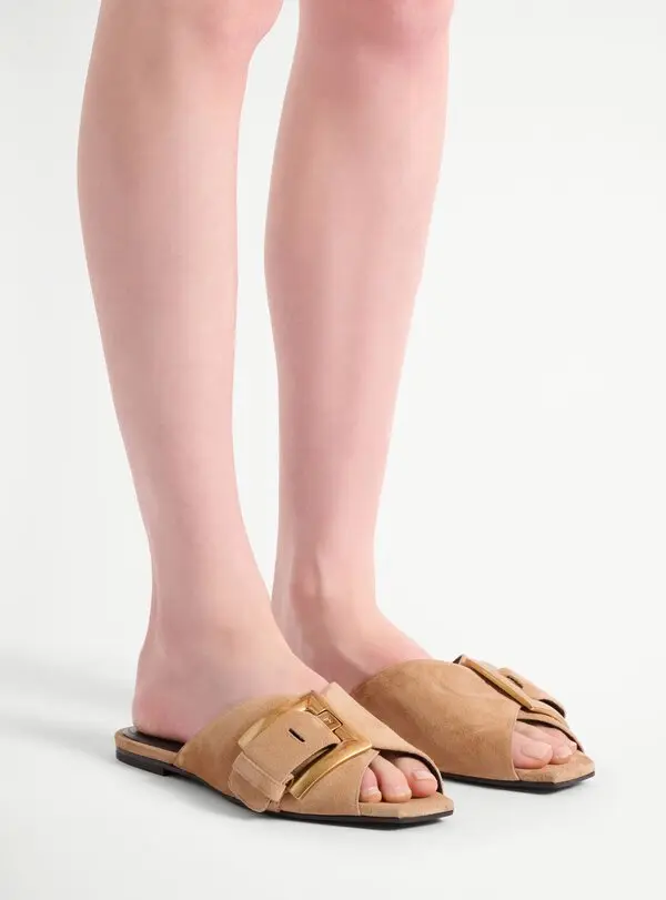 Balmain Anthem Buckle Detailed Flat Mules - Beige