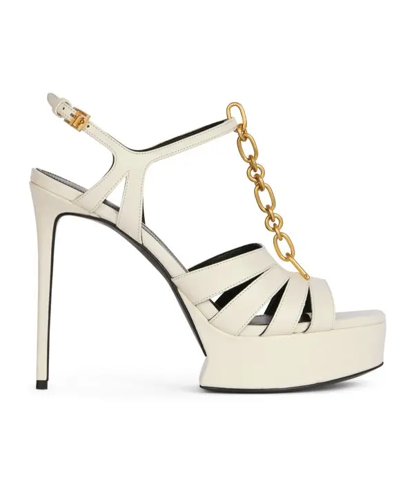 Balmain Smooth Leather Sync Platform Sandals With Gold-tone Chain - White