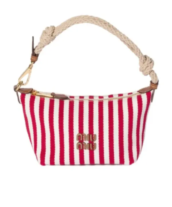 Miu Miu Striped Cotton And Leather Pouch - Ruby Red/cognac