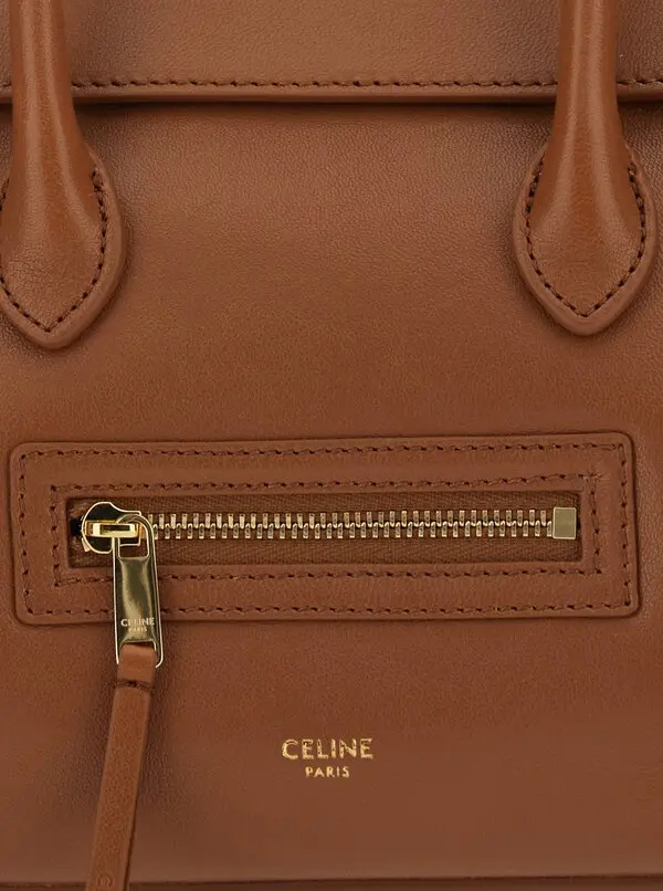 Celine Leather Handbag With Embossed Logo - Brown