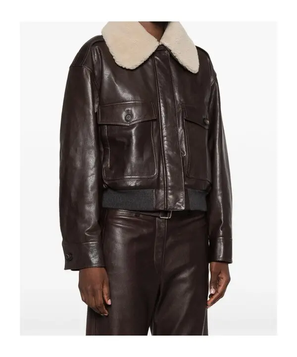 Brunello Cucinelli Long Sleeve Leather Bomber Jacket With Shearling Collar