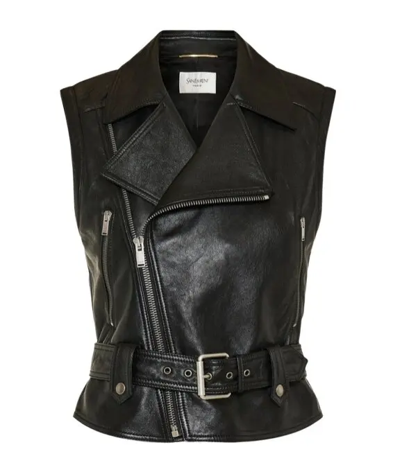 Saint Laurent Belted Leather Sleeveless Jacket - Black