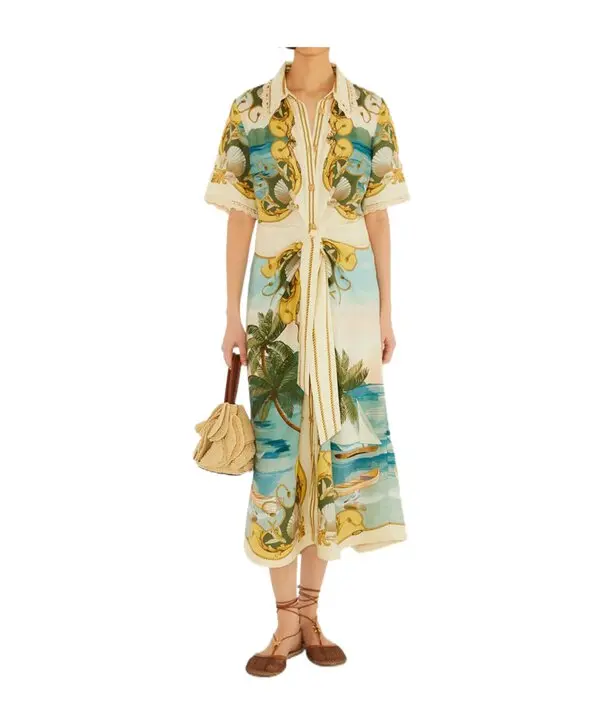 Farm Rio Graphic-print Tie-waist Dress - Nude