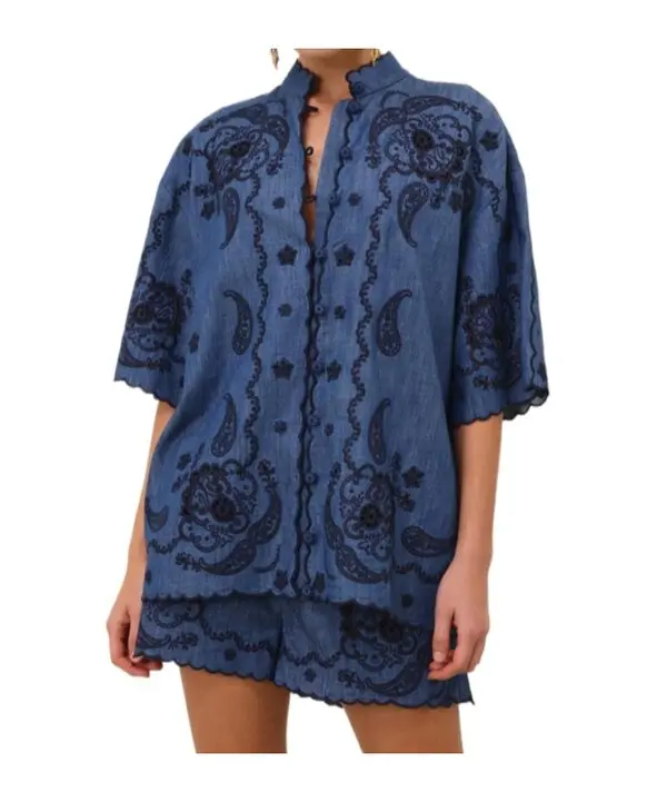 Zimmermann Aster Embroidered Denim Shirt - Blue