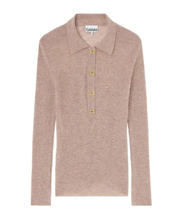 GANNI Sheer Wool Polo Shirt - Nude