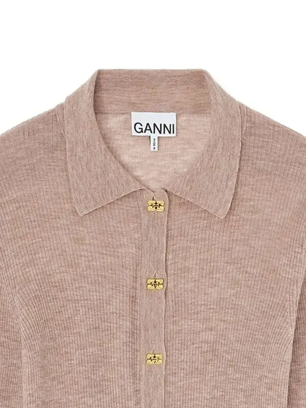 GANNI Sheer Wool Polo Shirt - Nude