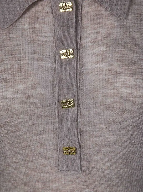 GANNI Sheer Wool Polo Shirt - Nude