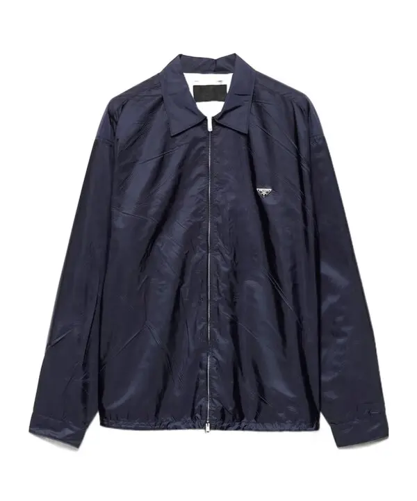 Prada Re-nylon Zip-up Shirt With Classic Collar And Enamel Logo - Blue