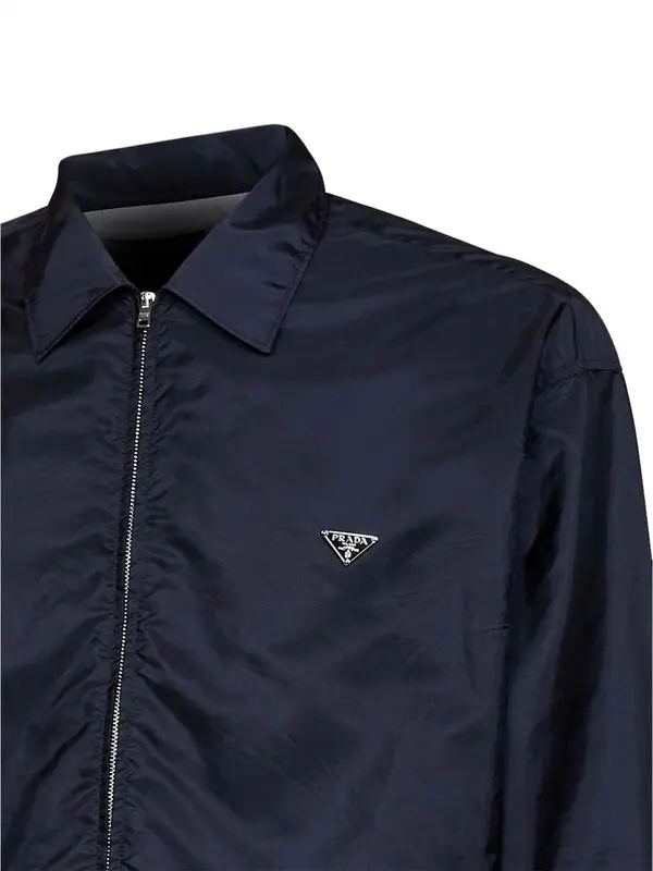 Prada Re-nylon Zip-up Shirt With Classic Collar And Enamel Logo - Blue