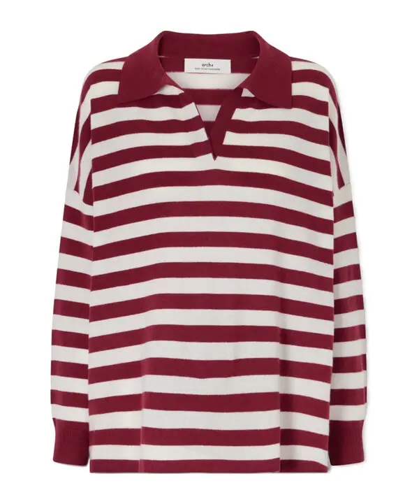 Arch4 Victoria Striped Cashmere Polo Collar Sweater - Red
