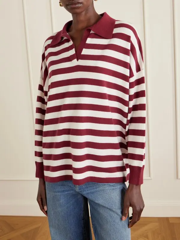 Arch4 Victoria Striped Cashmere Polo Collar Sweater - Red
