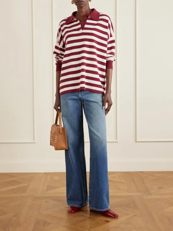 Arch4 Victoria Striped Cashmere Polo Collar Sweater - Red