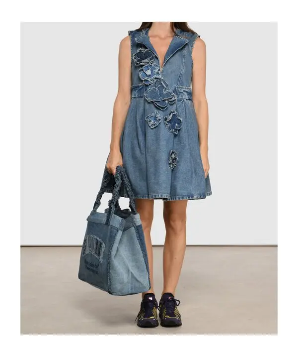 GANNI Floral Appliqué Denim A-line Dress