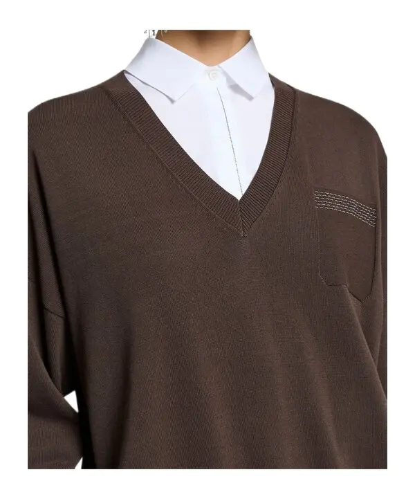 Peserico V-neck Sweater With Chest Pocket - Brown