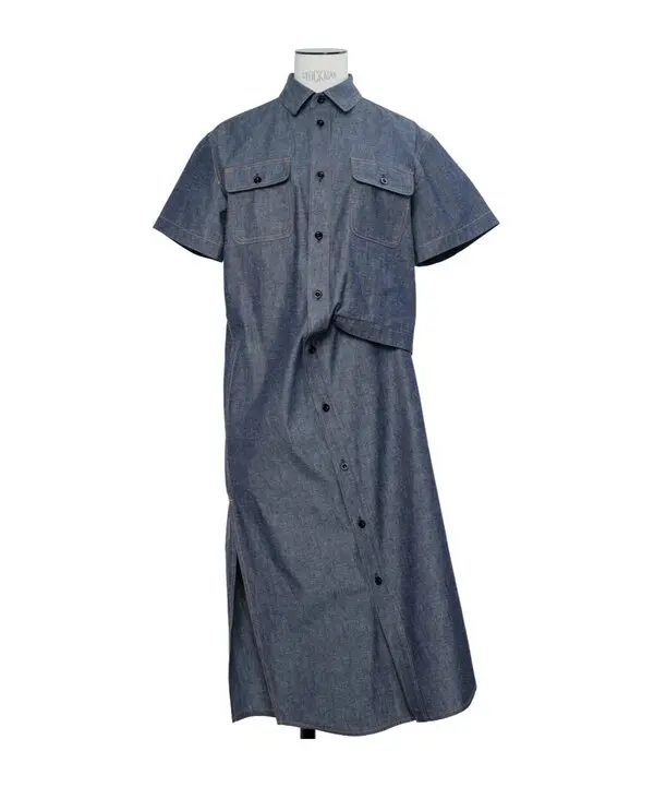 Sacai Short-sleeved Collared Button-down Dress - Blue