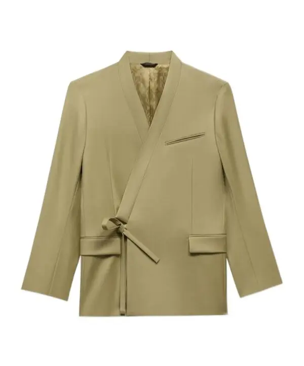 Kenzo Double Breasted Kimono Tailored Jacket With Tie Detail - Khaki