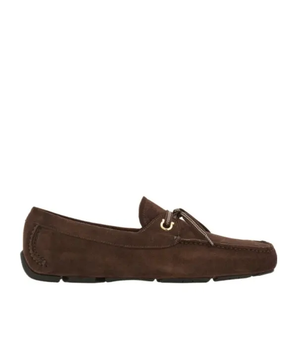 FERRAGAMO Laced Suede Driver Loafers - Brown