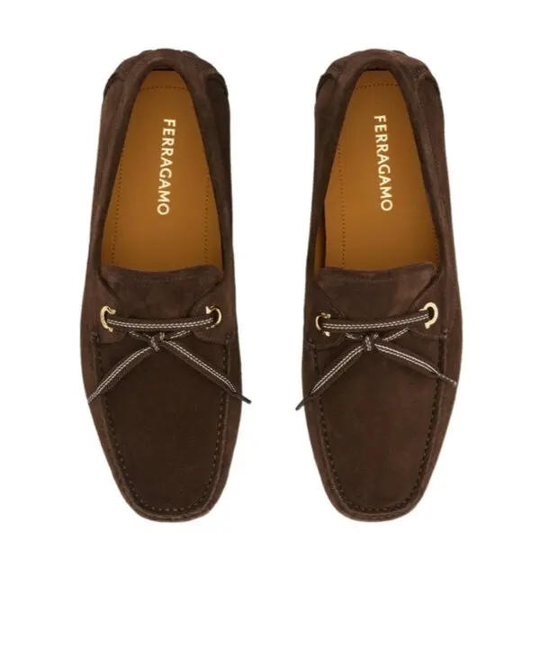 FERRAGAMO Laced Suede Driver Loafers - Brown