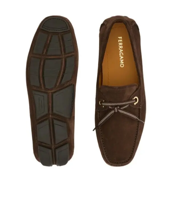 FERRAGAMO Laced Suede Driver Loafers - Brown