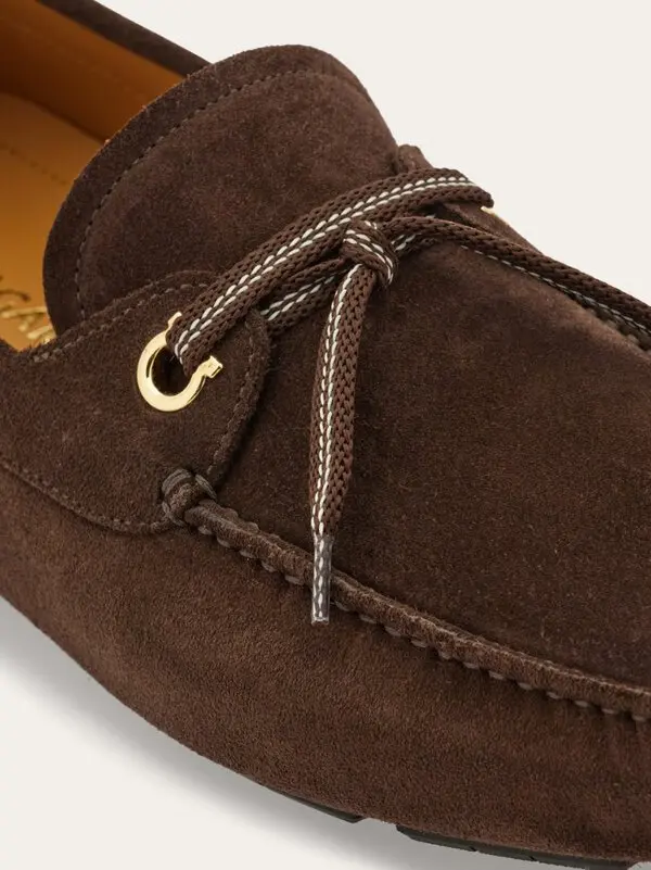 FERRAGAMO Laced Suede Driver Loafers - Brown