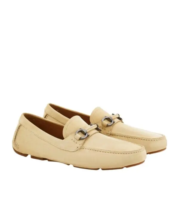 FERRAGAMO Gancini Ornament Nubuck Driver - Ecru